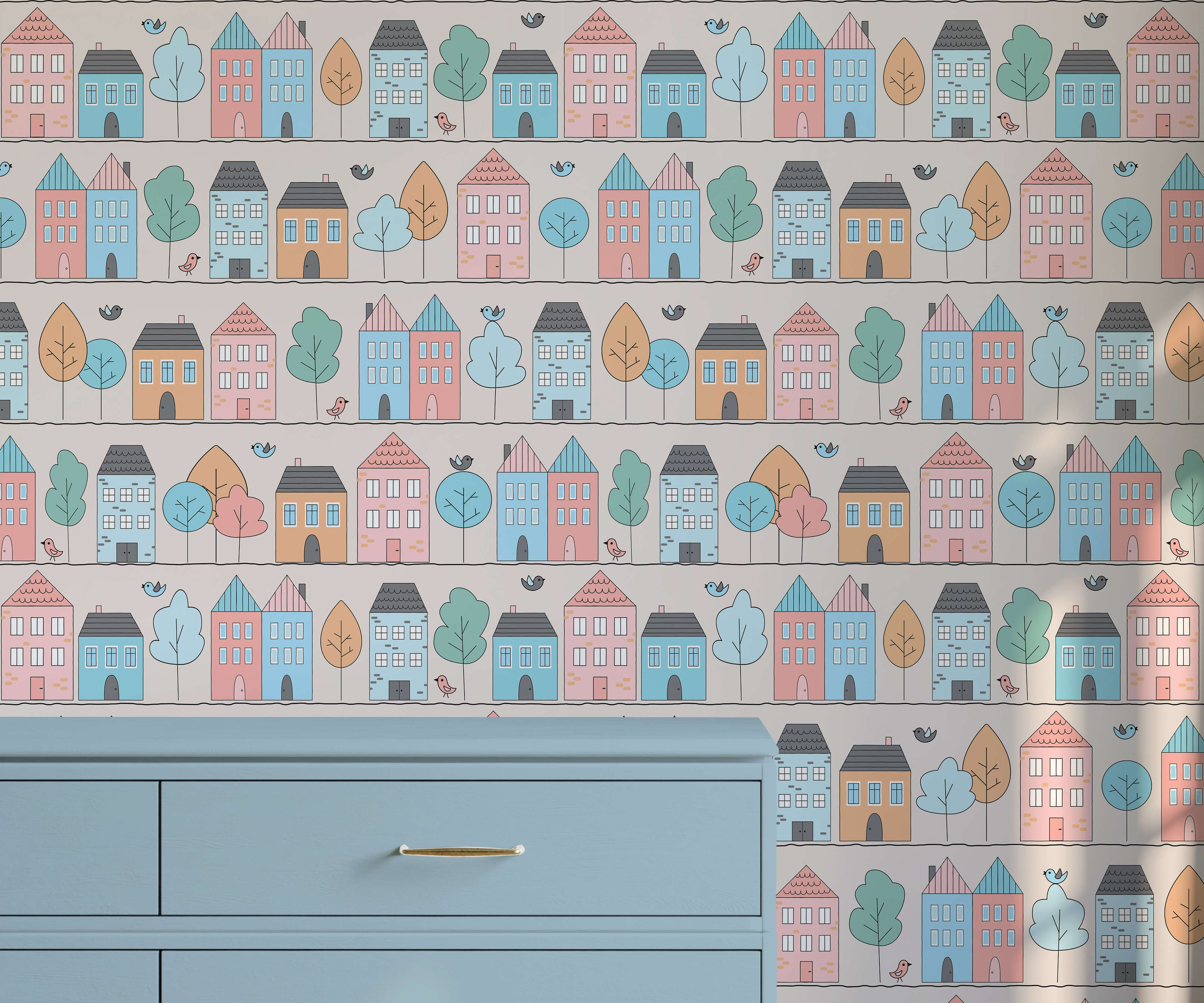Children's Toy Town Wallpaper | House, Tree & Bird Design – Bobbi Beck
