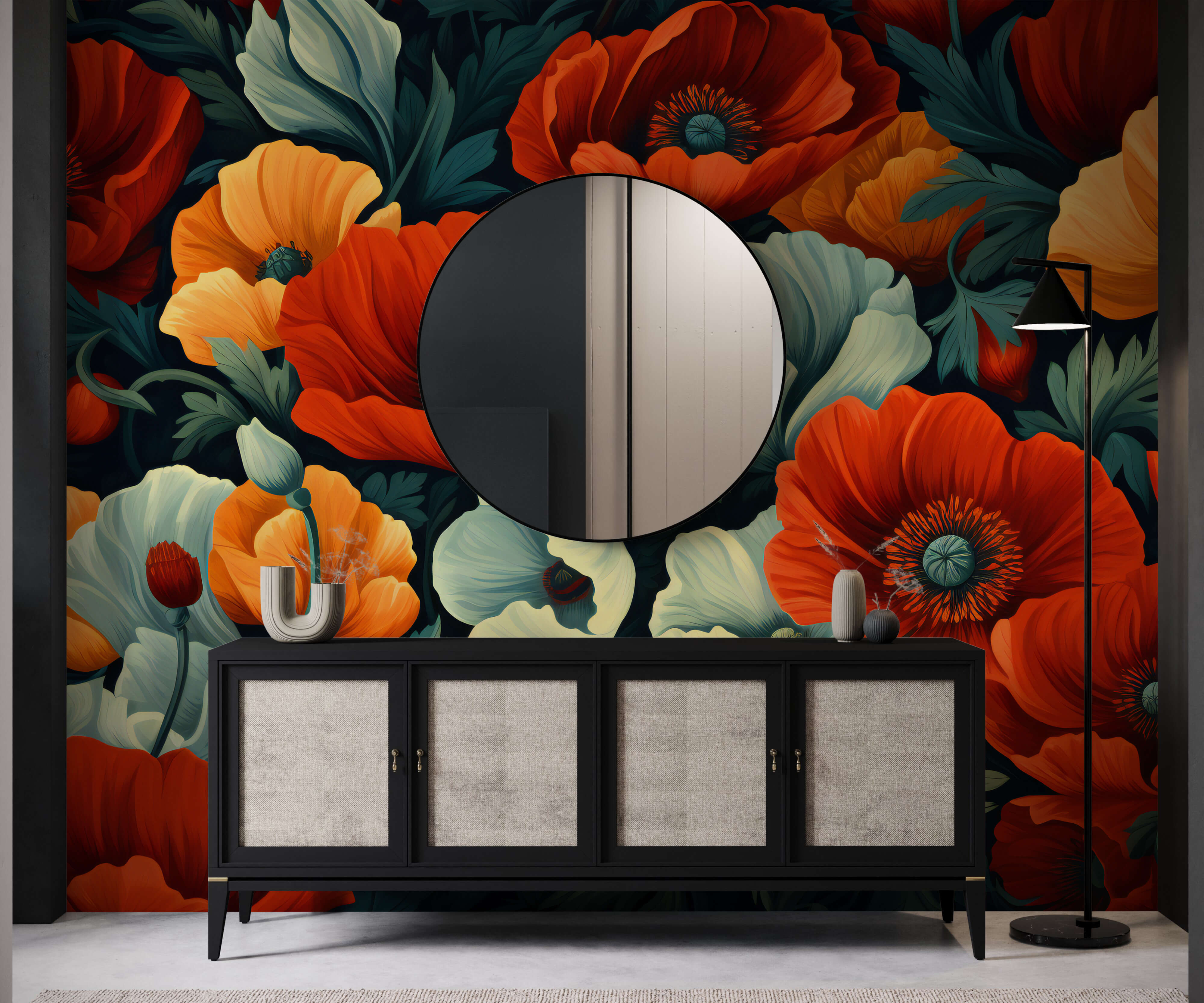 Red, Orange & White Poppy Wallpaper Mural – Bobbi Beck