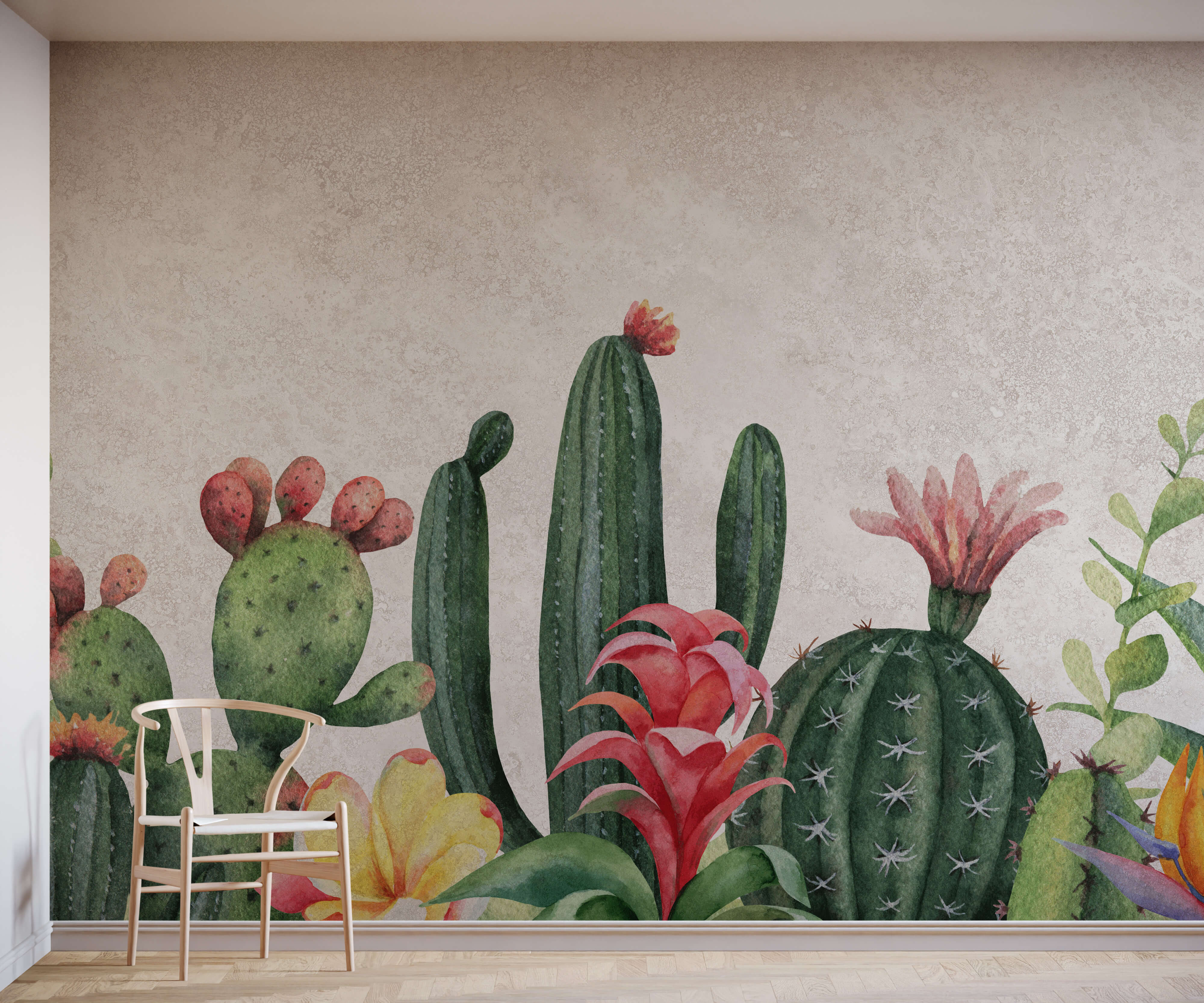 Watercolour Cactus Wallpaper Mural | Concrete Grunge Design – Bobbi Beck