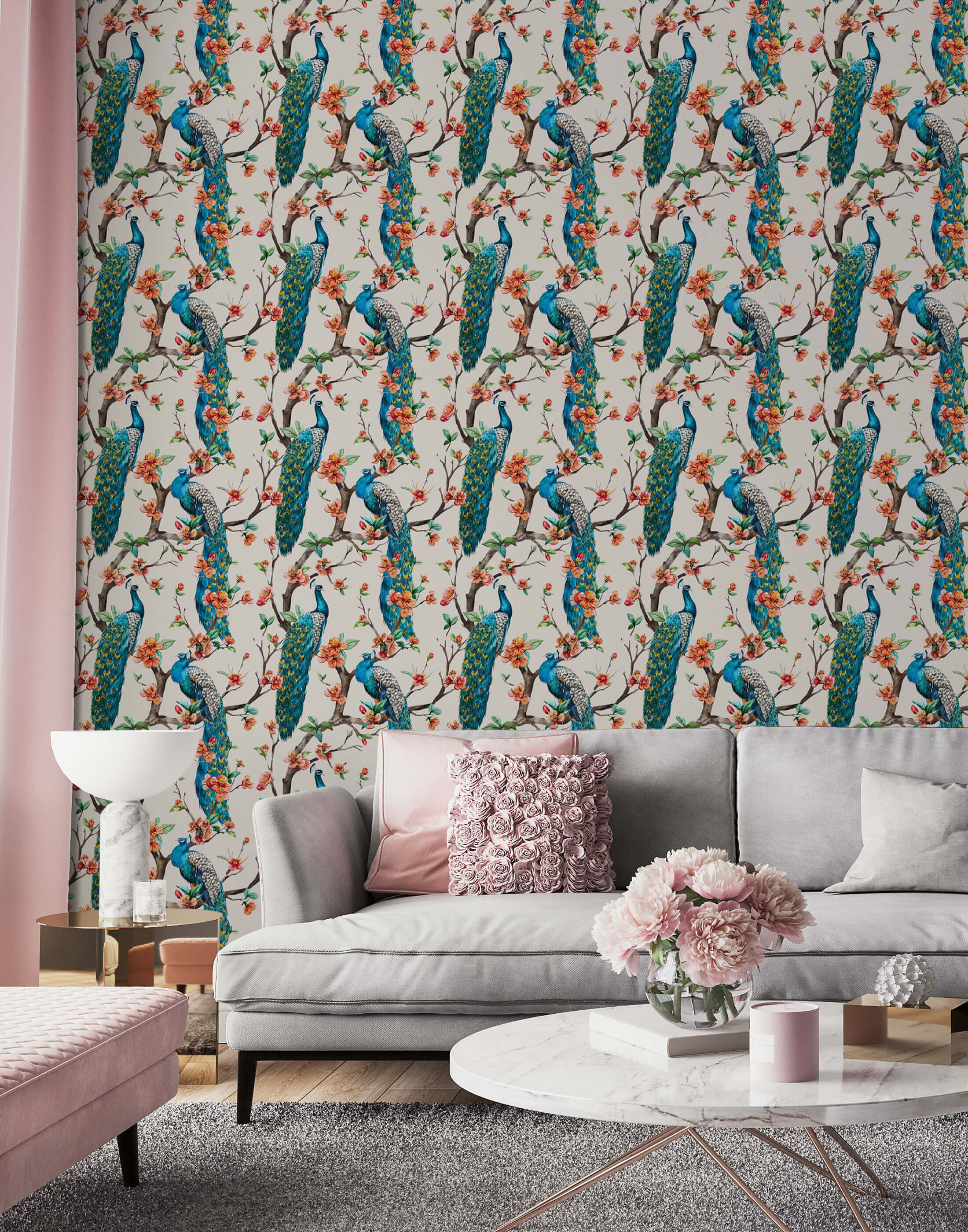 Peacock & Floral Pattern Wallpaper | Bobbi Beck
